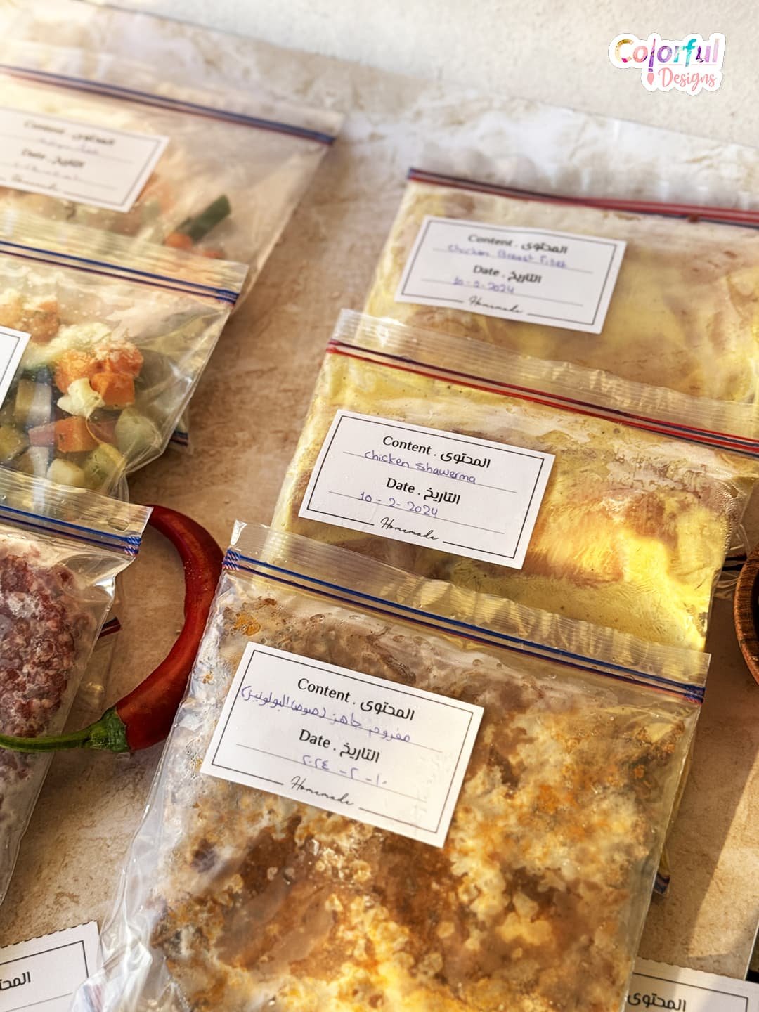 All natural fridge organizing – English & Arabic – Colorful Designs